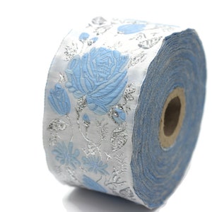50 Mm Blue / White Floral Jacquard Trim (1.96 Inches) Vintage Ribbon ...