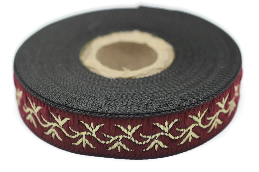 16 mm Rot / Gold Efeu Jacquard Band, (62 mm), Besatzstück Meterware ...
