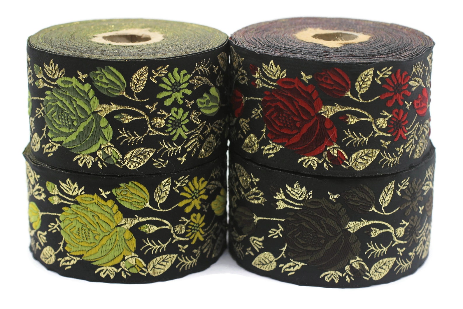 50 Mm Red / Black Floral Jacquard Trim, 1.96 Inches, Rose Embroried ...