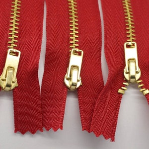 5 Pcs Red Metal Zippers With Gold Brass Teeth, 18-100cm (7-40inches ...