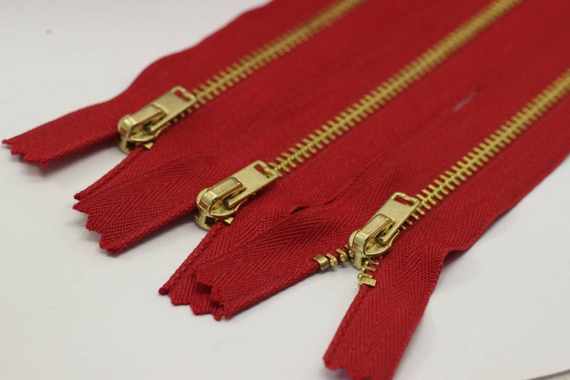 5 Pcs Red Metal Zippers With Gold Brass Teeth 18-100cm - Etsy