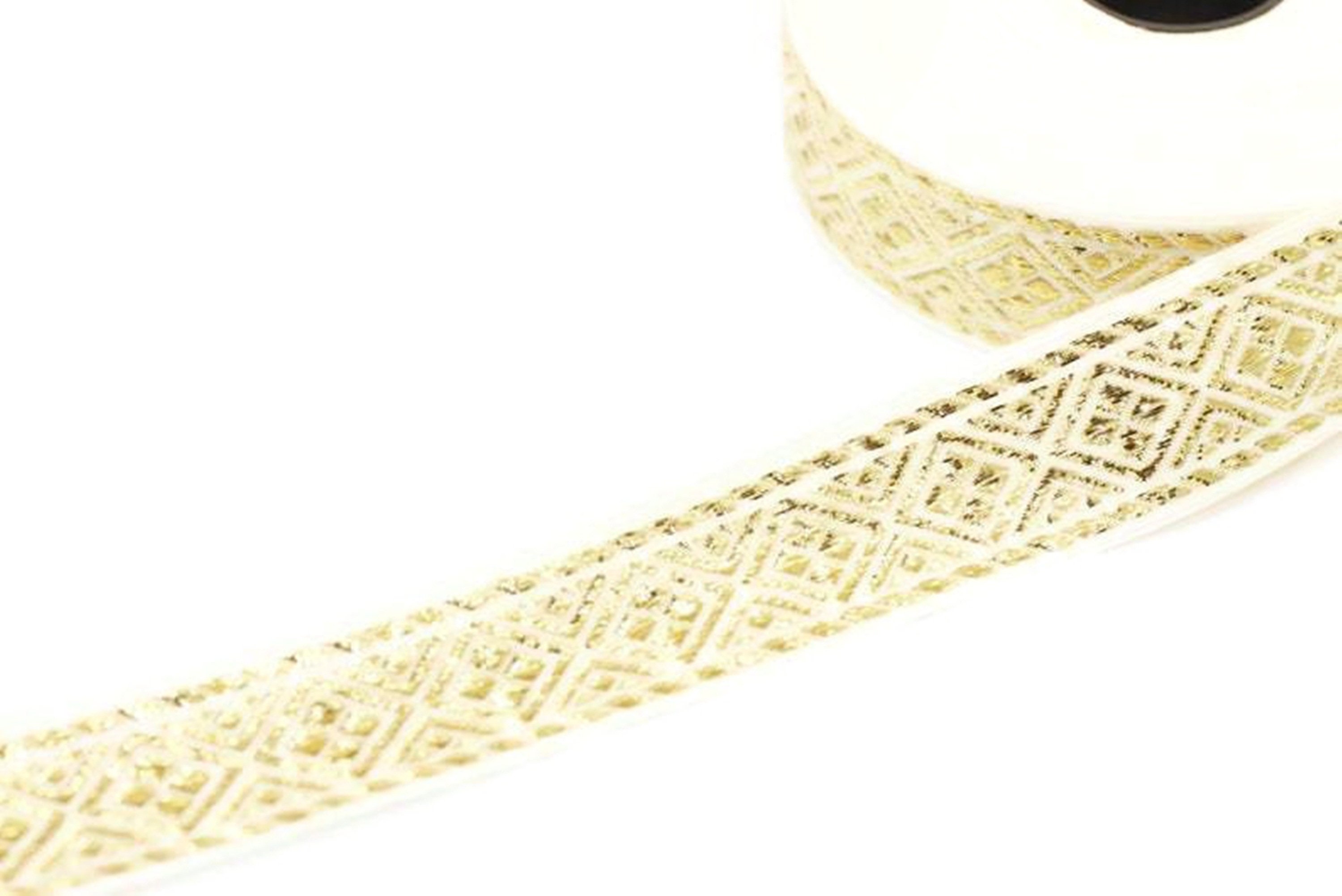 25 Mm Cream&gold Geometric Ribbon 0.98 Inches Jacquard - Etsy