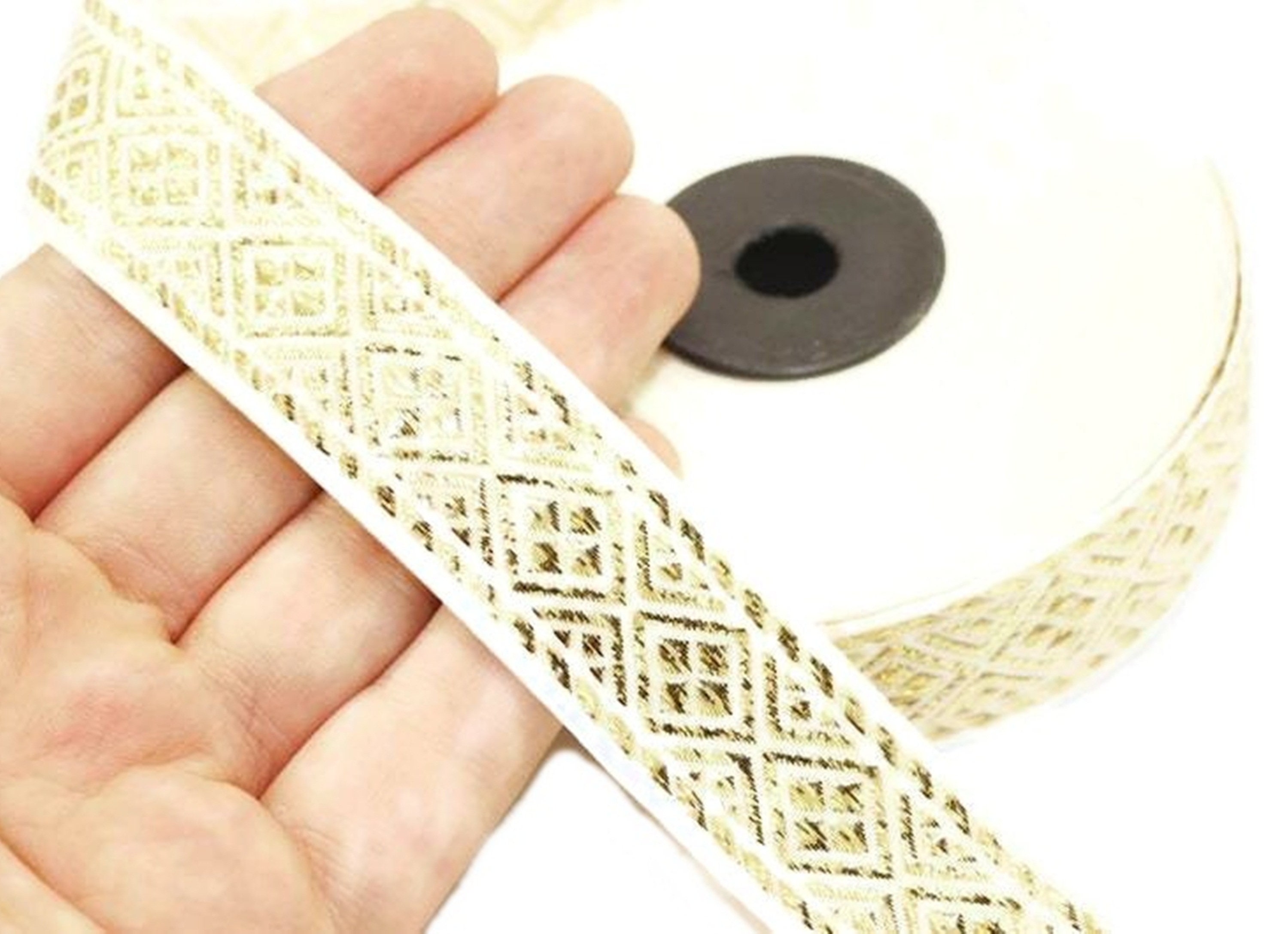 25 Mm Cream&gold Geometric Ribbon 0.98 Inches Jacquard - Etsy