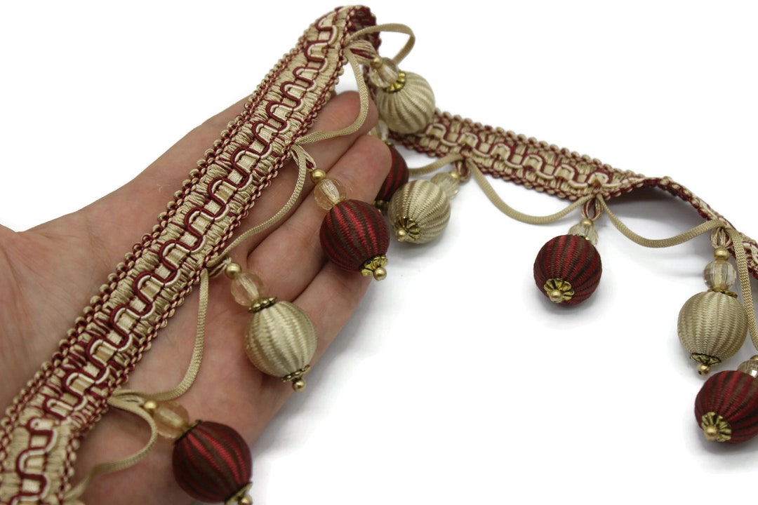 70 Mm Beaded Tassel Fringe Trim Bordeaux and Mink, 2.75" Gimp Header by ...