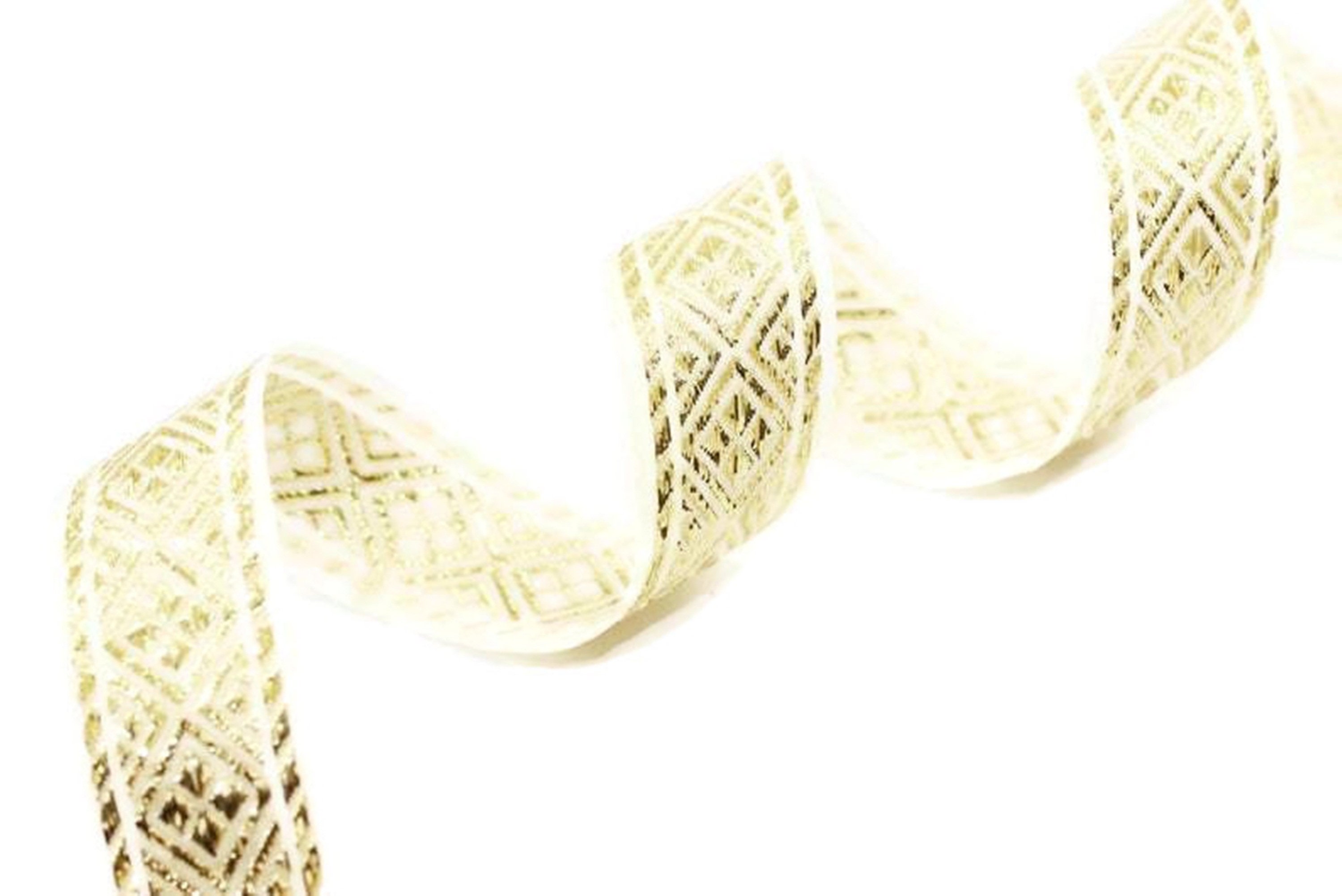 25 Mm Cream&gold Geometric Ribbon 0.98 Inches Jacquard - Etsy