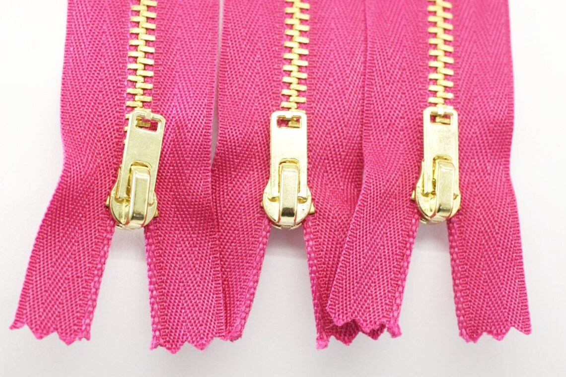 5 Pcs Fuschia Metal Zippers With Gold Brass Teeth 18-100cm - Etsy