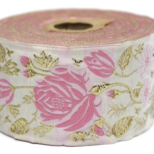 50 Mm Pink / White Floral Jacquard Trim (1.96 Inches), Rose Embroried ...