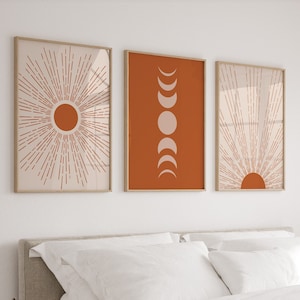 Orange Boho Wall Art Prints, Set of 3 Trendy Posters in Terracotta, Living Room Triptych Art ...