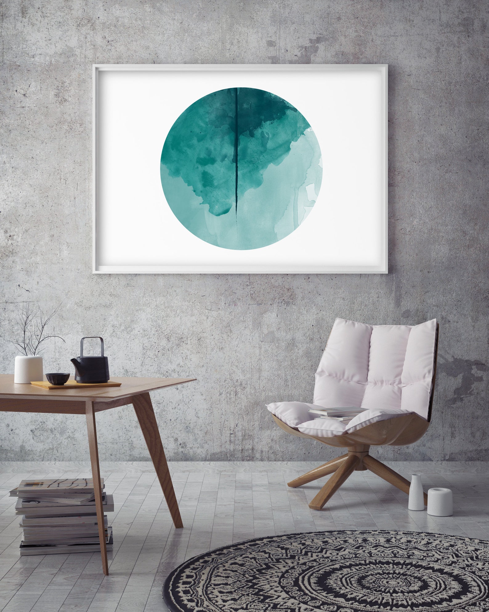 Teal Watercolor Print Circle Print Digital Painting Wall | Etsy