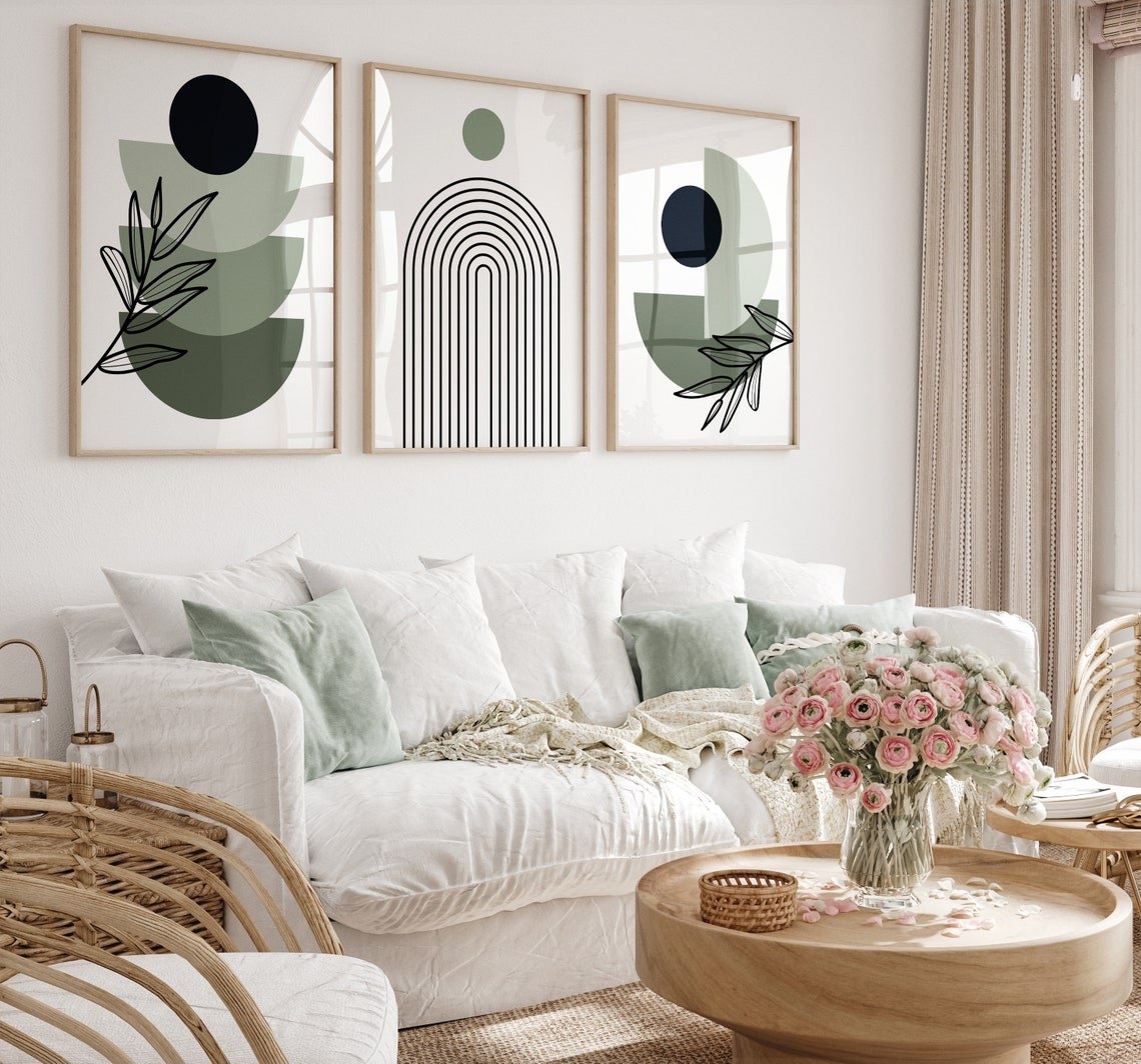 3 Piece Wall Art in Sage Green, Mid Century Modern Wall Art Prints, Set ...