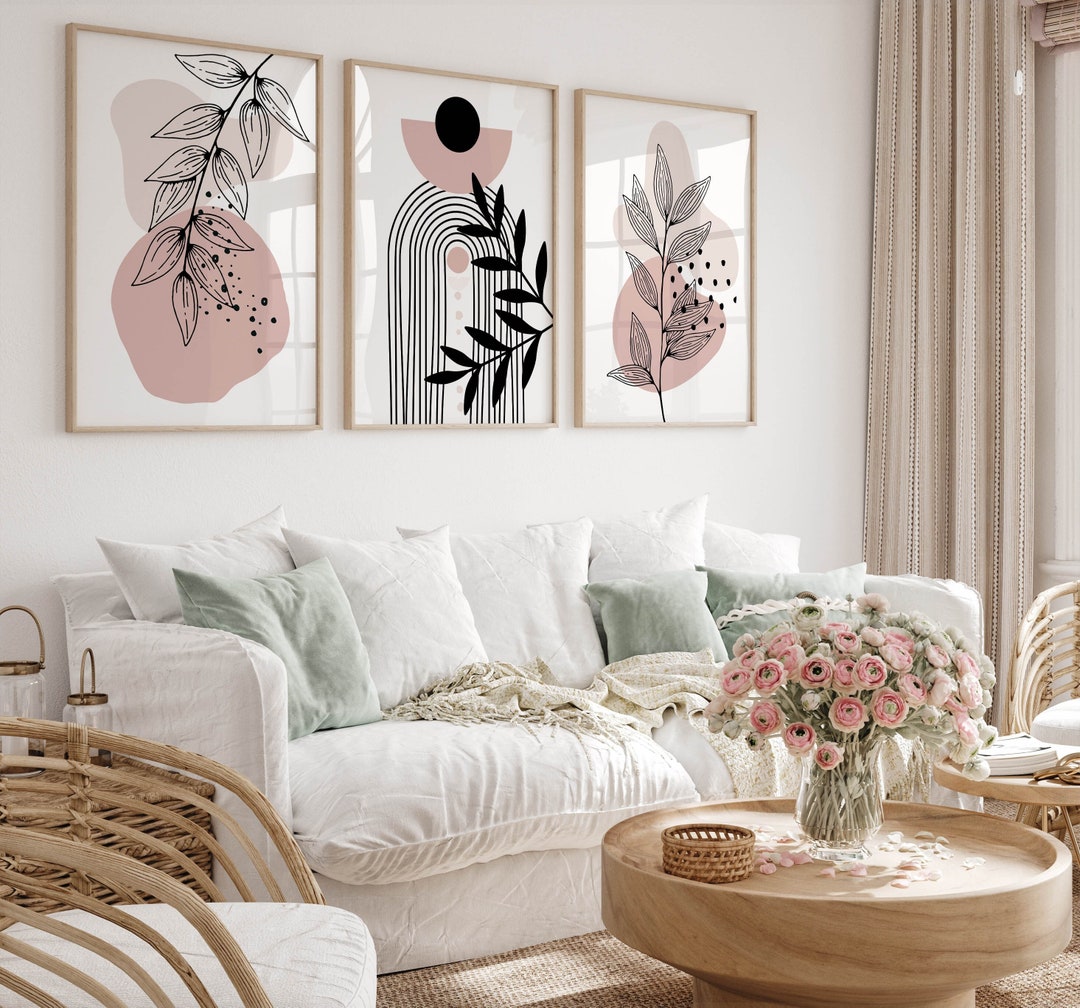 Set of 3 Pink Wall Art Prints, Boho Triptych Art, 3 Piece Botanical ...