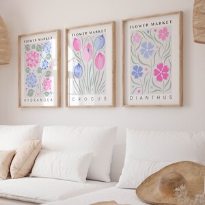 Flower Market Prints in Pink & Blue, Set of 3 Botanical Posters, Preppy ...