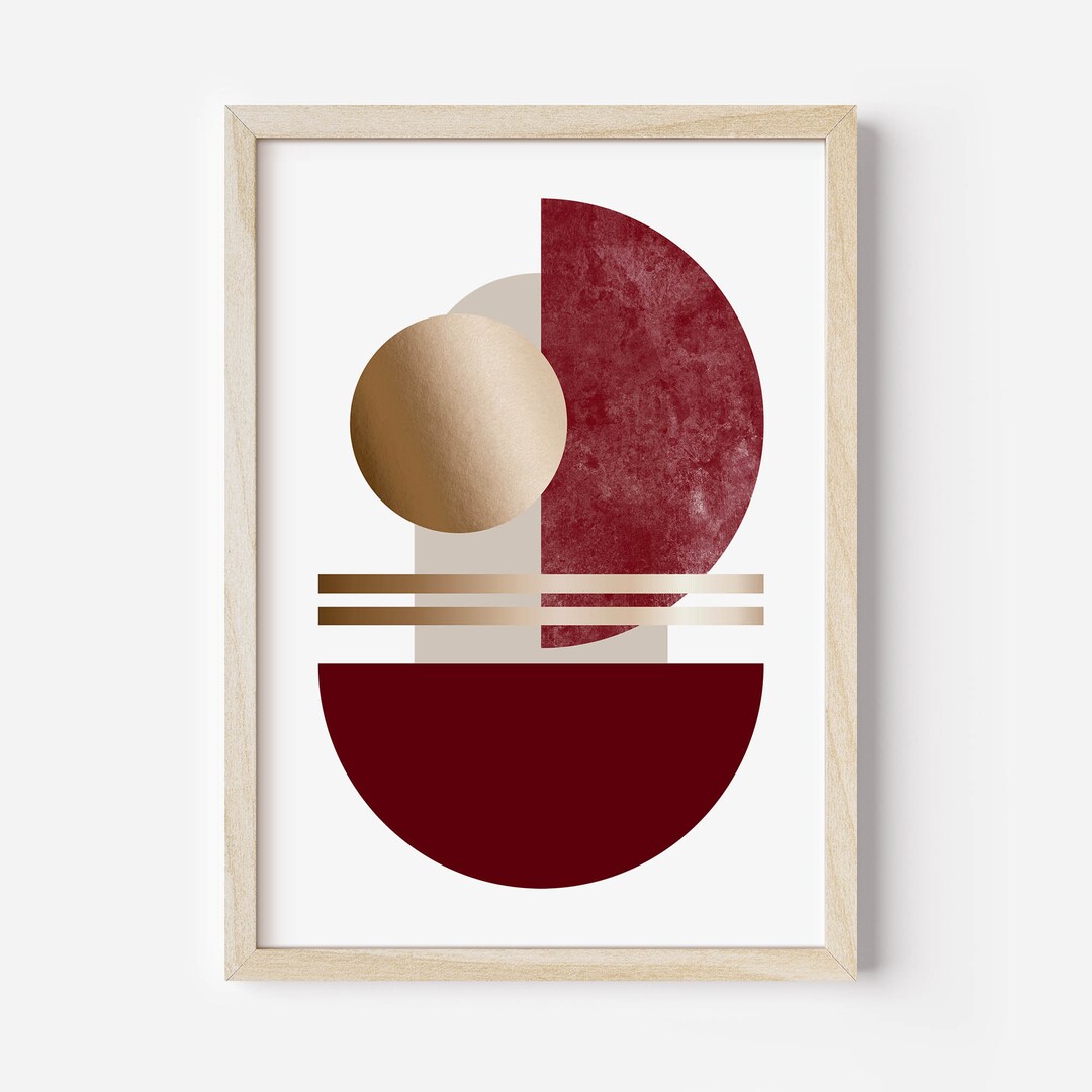 Mid Century Modern Wall Art Print in Burgundy Red and Beige, Living ...