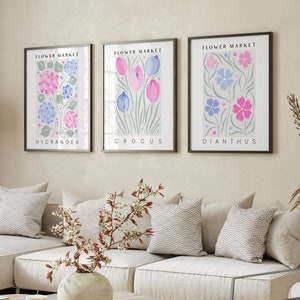 Flower Market Prints in Pink & Blue, Set of 3 Botanical Posters, Preppy ...