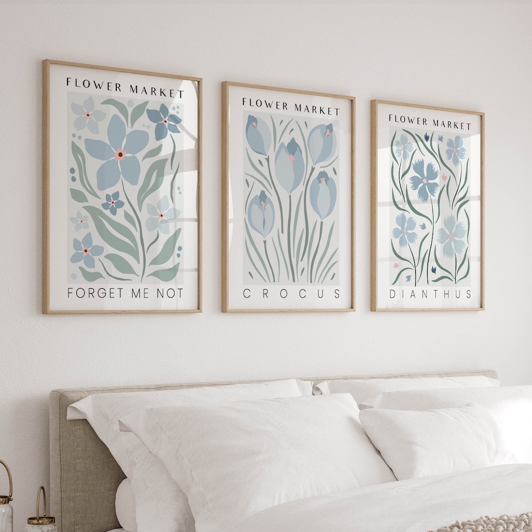 Flower Market Prints in Blue, Set of 3 Botanical Wall Art Prints ...