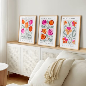 Flower Market Prints in Pink & Orange, Set of 3 Botanical Posters ...