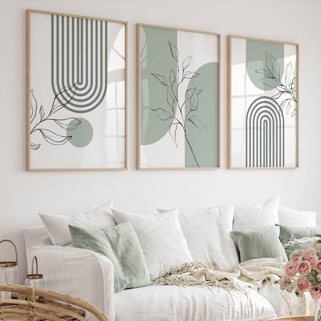 Triptych Wall Art Prints - Set of 3 Sage Green Botanical Posters ...