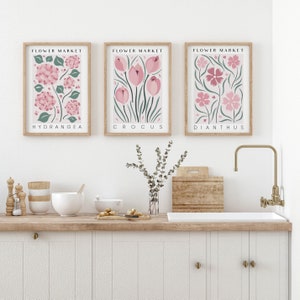 Set of 3 Flower Market Prints, 3 Piece Dusty Pink Wall Art, Botanical ...