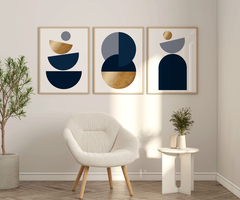 Set of 3 Mid Century Modern Posters in Navy Blue & Gold 3 - Etsy