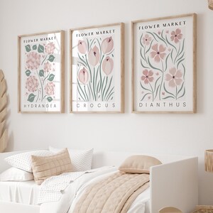 Flower Market Prints in Dusty Pink, Set of 3 Botanical Wall Art Posters ...
