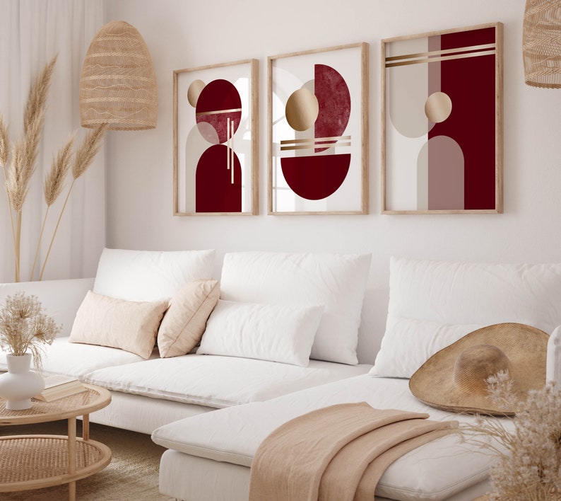 Bedroom Wall Art Posters in Burgundy Red and Beige, Set of 3 Mid ...