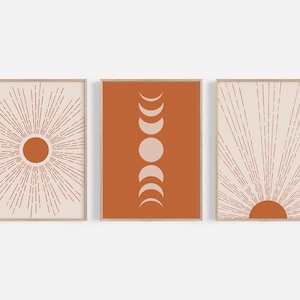 Orange Boho Wall Art Prints, Set of 3 Trendy Posters in Terracotta, Living Room Triptych Art ...