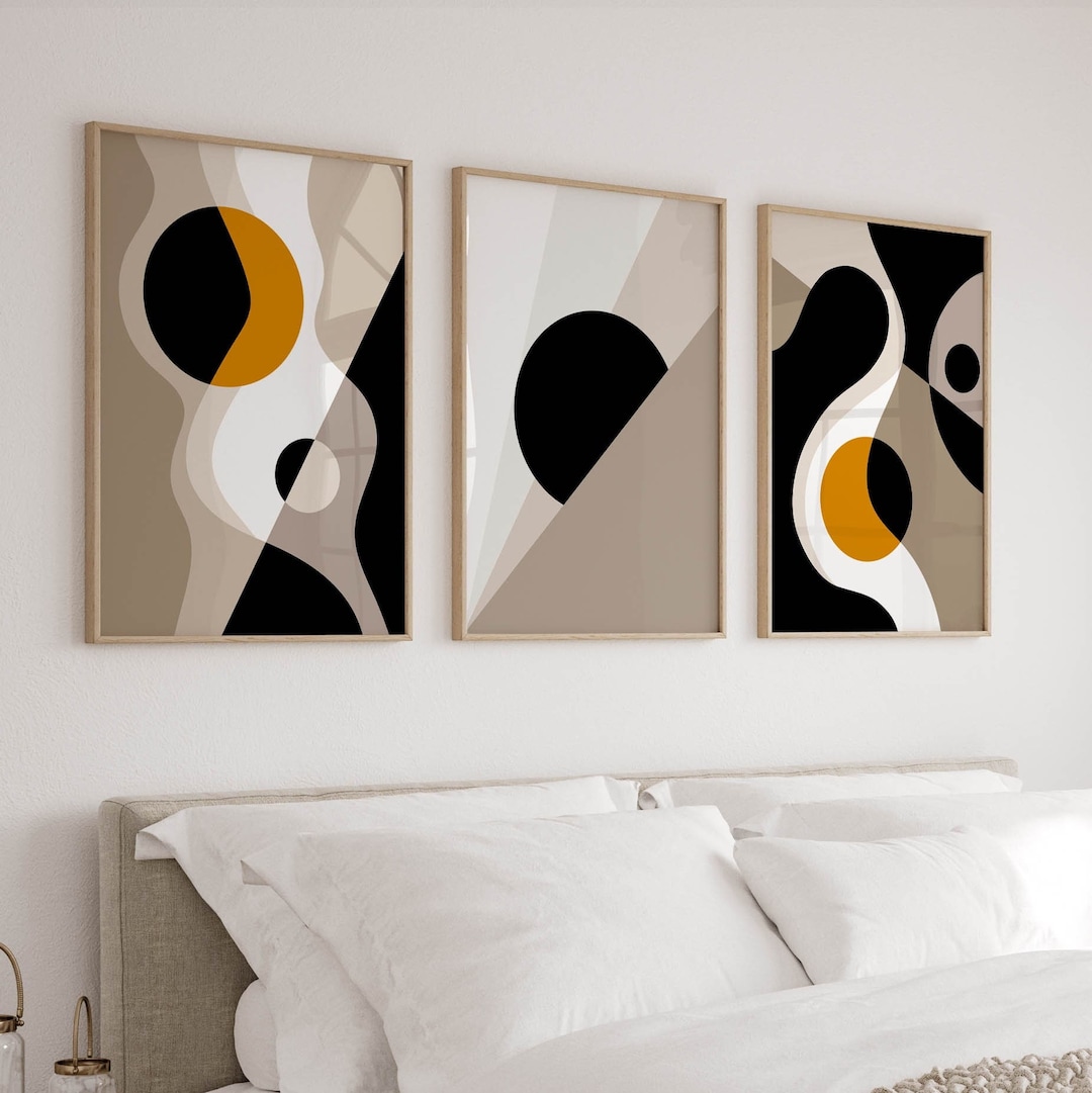 Funky Abstract Wall Art in Neutral Black Mustard, Set of 3 Wall Art ...