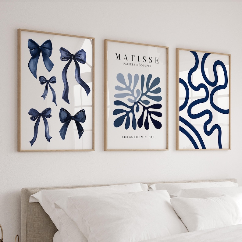 Set of 3 Navy Blue Wall Art Posters, Trendy Bow Matisse Prints, Prints ...