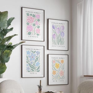 Set of 4 Flower Market Wall Art Prints, Personalised Travel Posters ...