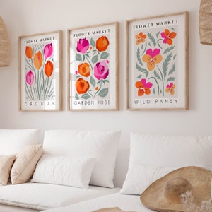 Flower Market Prints in Pink & Orange, Set of 3 Botanical Posters ...