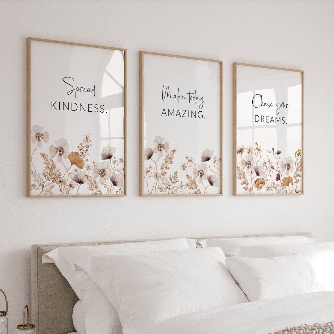 Neutral Wildflowers Wall Art Posters With Inspirational Quotes, Set of ...