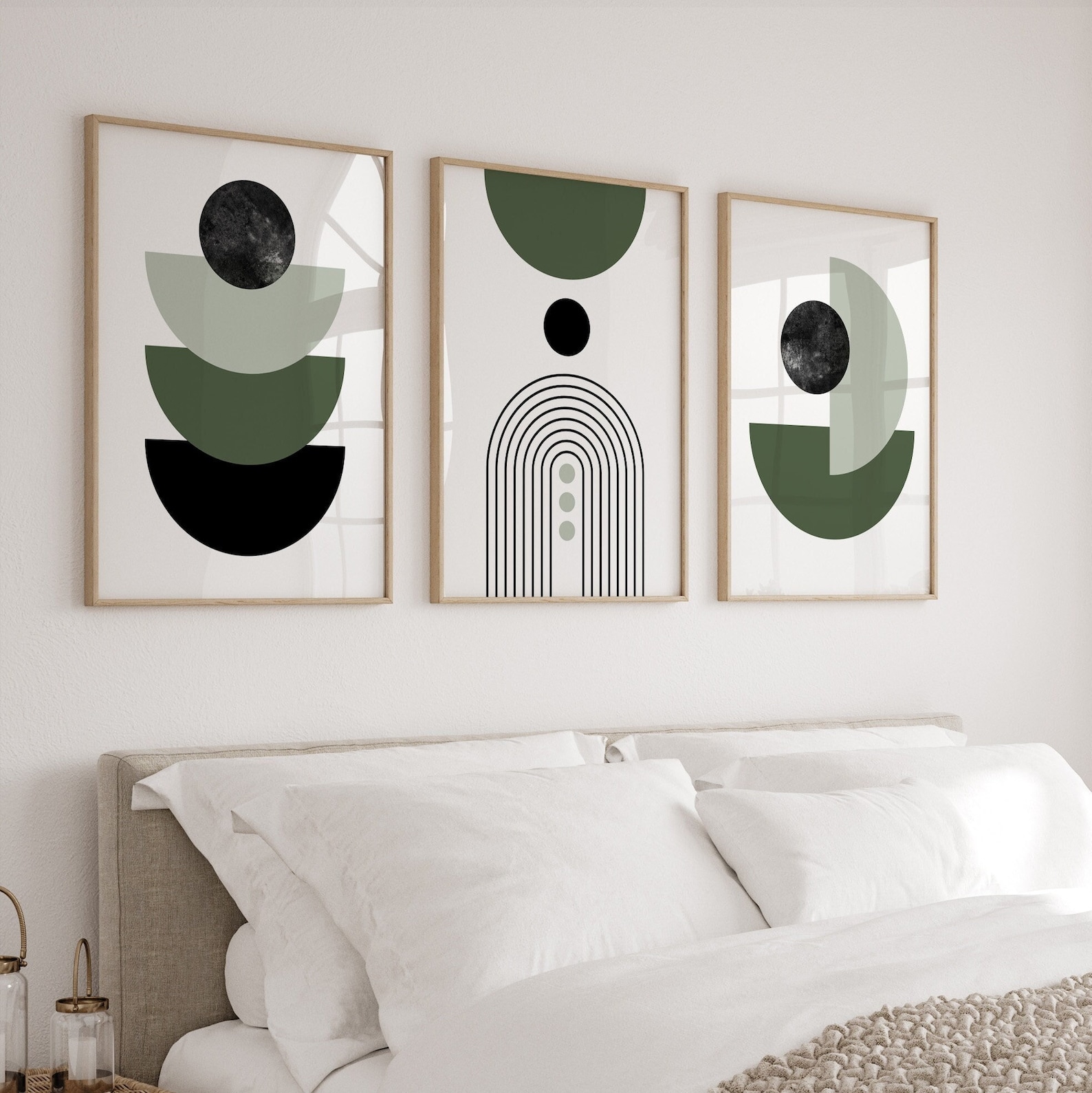 3 Piece Boho Wall Art in Olive and Sage Green, Set of 3 Mid Century ...