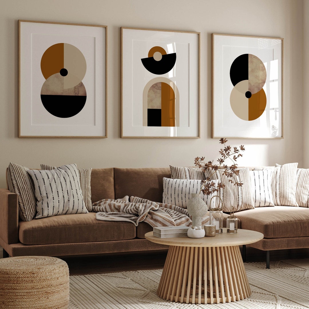 Set of 3 Mid Century Modern Wall Art Prints, Neutral Beige Orange Black ...