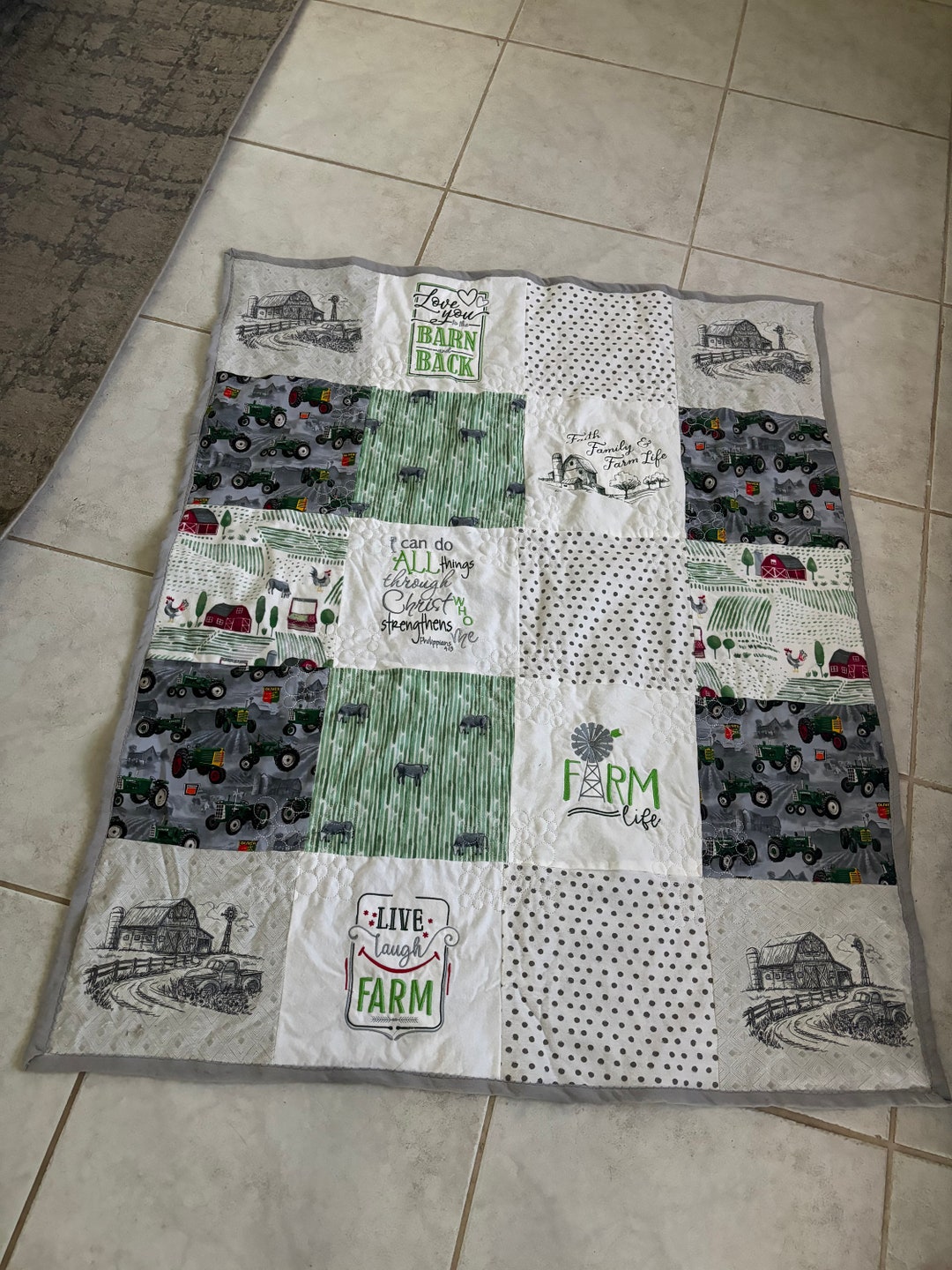Oliver Tractor. Baby Boy Quilt, Cows, Barn, Farm Animals,quilted, Green ...
