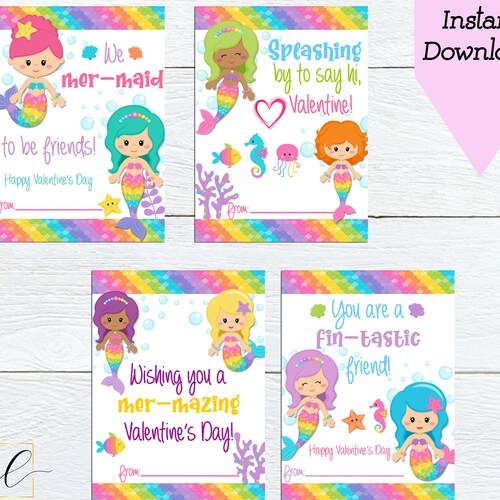 Mermaid Valentine Cards Printable Mermaid Valentines for - Etsy