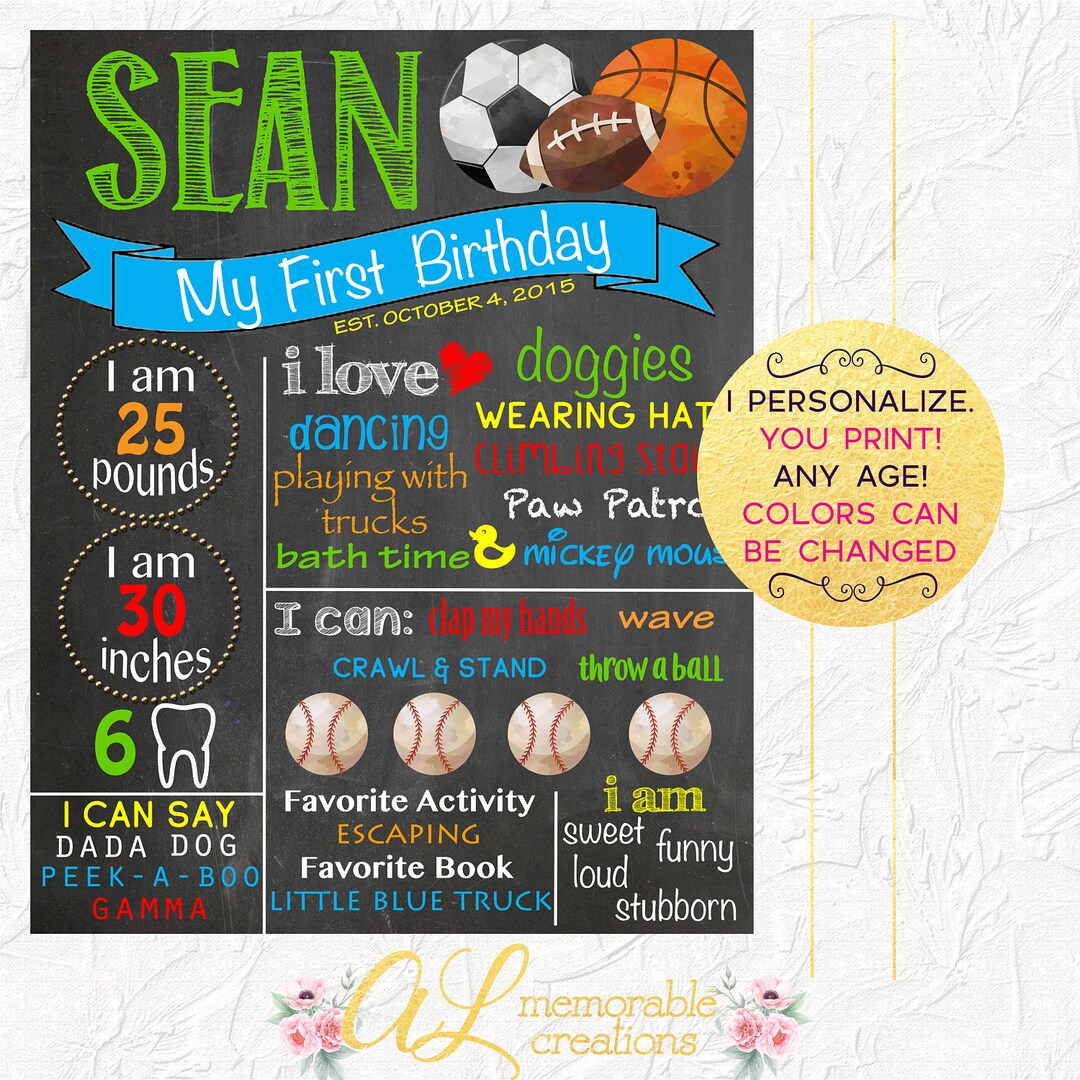 Sports Birthday Chalkboard, Boy Birthday Chalkboard, 1st Birthday ...