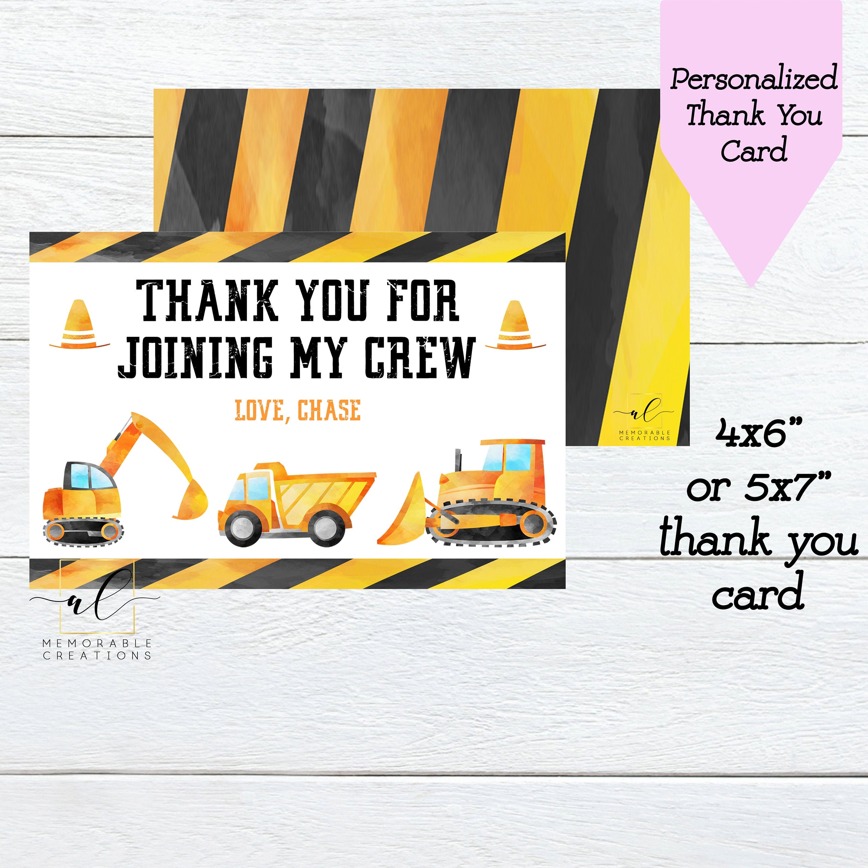 Construction Party Thank You Card Construction Theme Thank Etsy