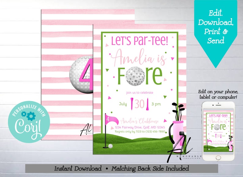 Editable Pink Golf Birthday Invitation, Printable Girl Golf Birthday ...