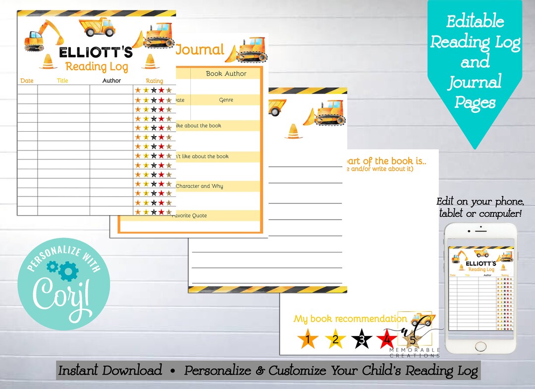 Editable Construction Reading Log, Edit Yourself Bulldozer Reading ...