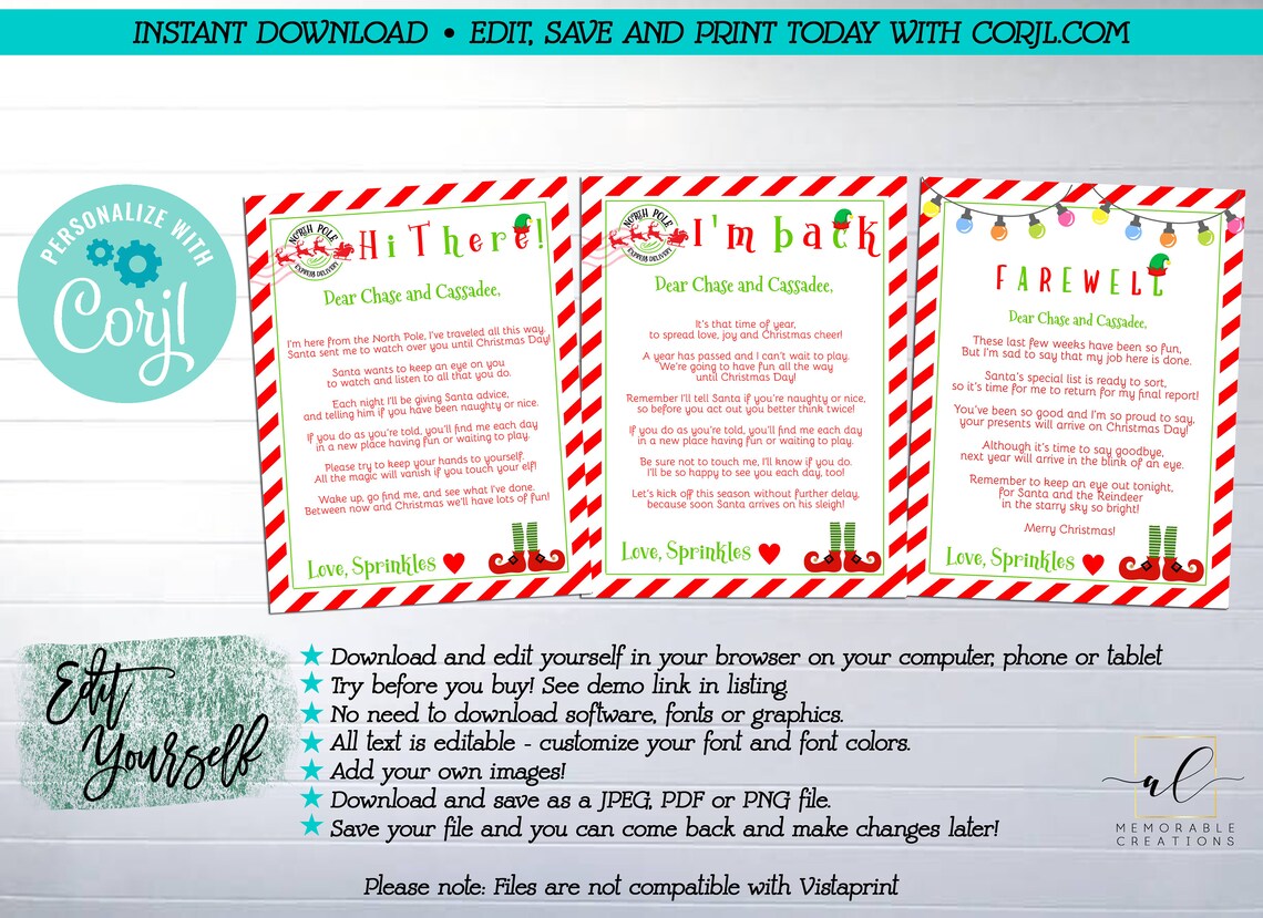 Elf Letter Bundle Printable, Edit Yourself Elf Hello Return Goodbye ...