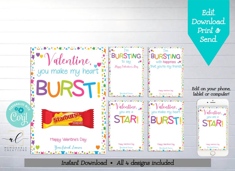 Starburst Valentine Printable Cards, Editable You Make My Heart Burst ...