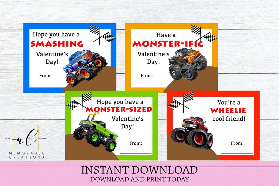 Monster Truck Valentine Cards, Kids Valentine Cards, Monster Truck ...