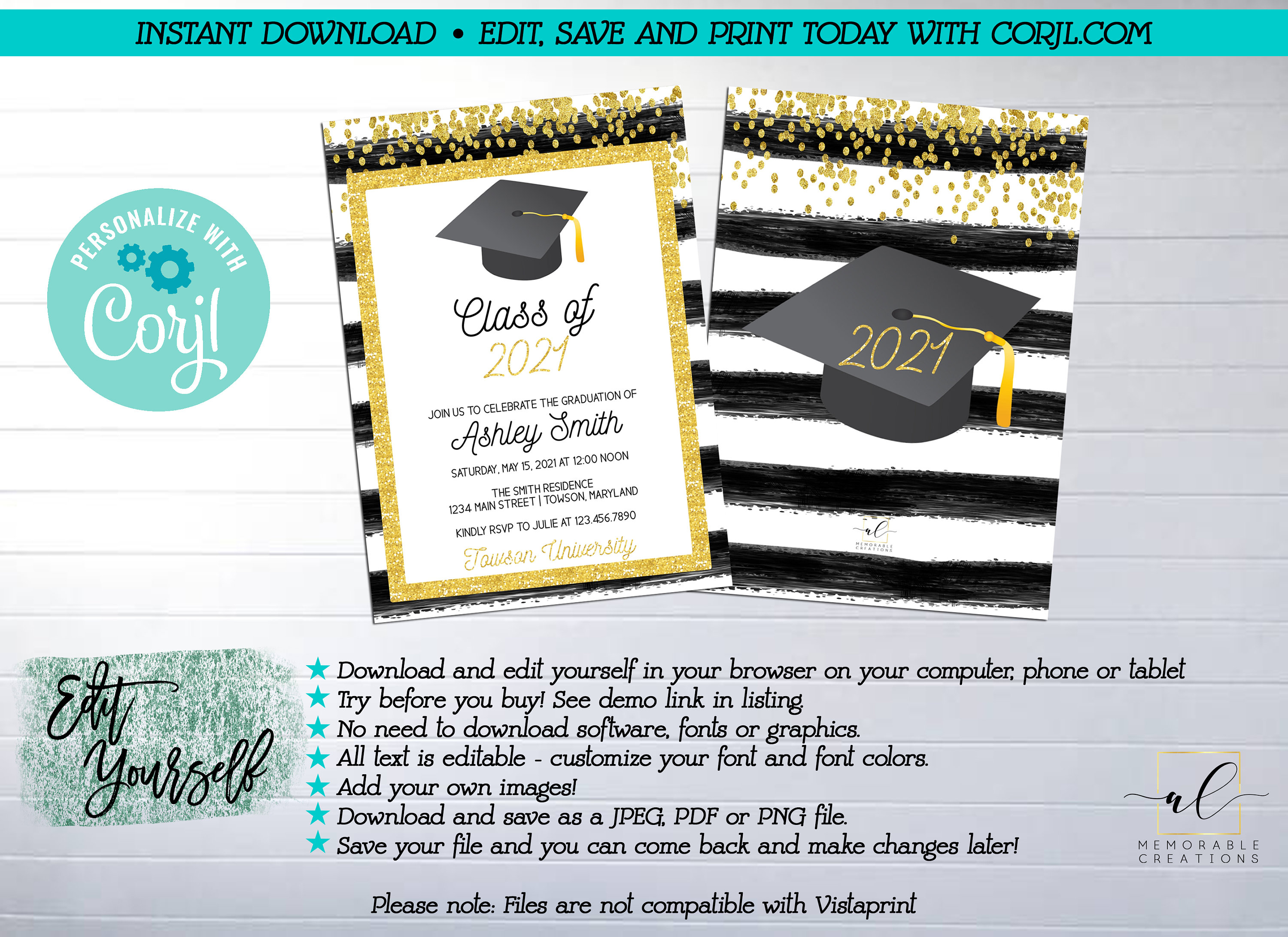 Black and Gold Graduation Printable Invitation Edit Yourself | Etsy