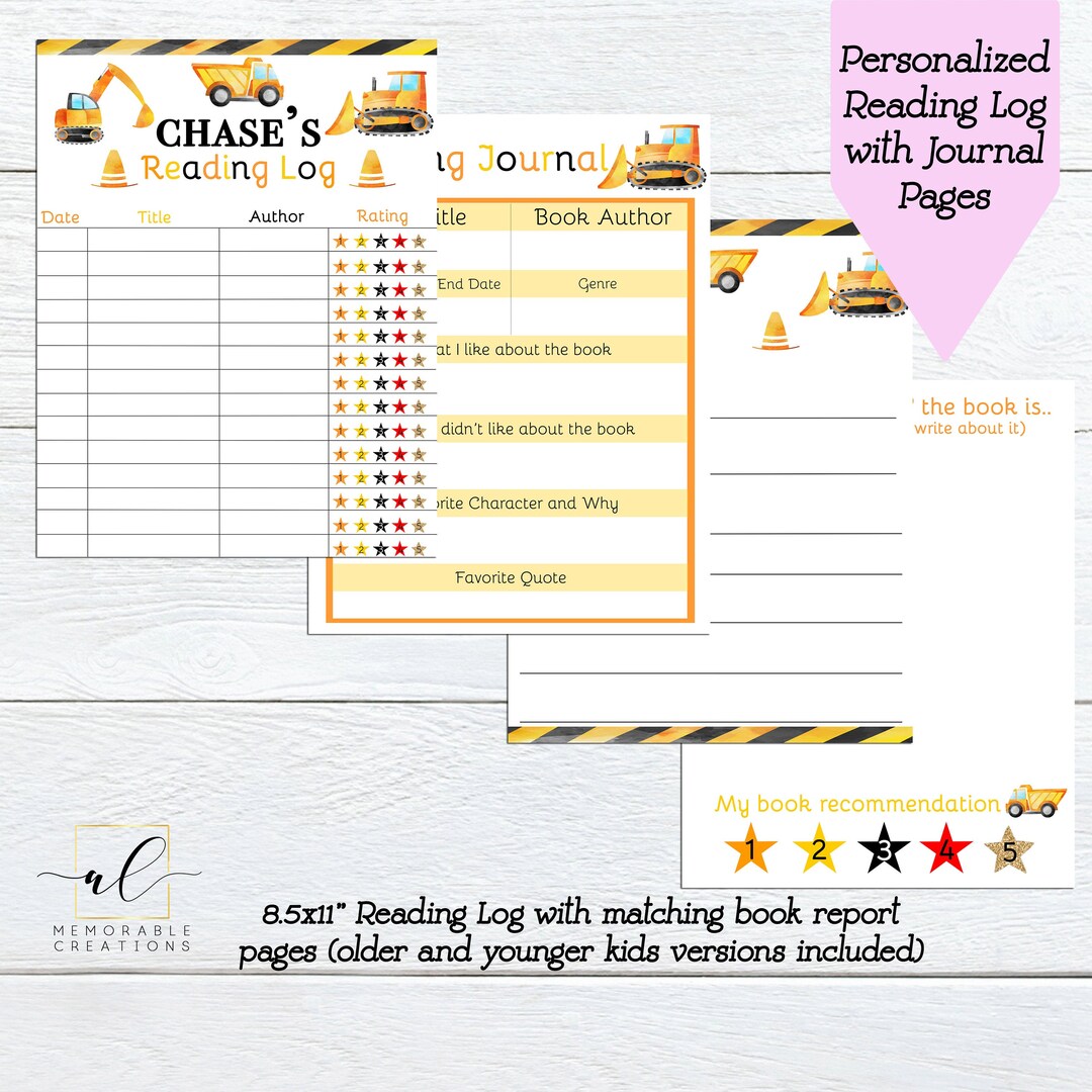 Personalized Construction Reading Log, Truck Reading Journal, Reading ...