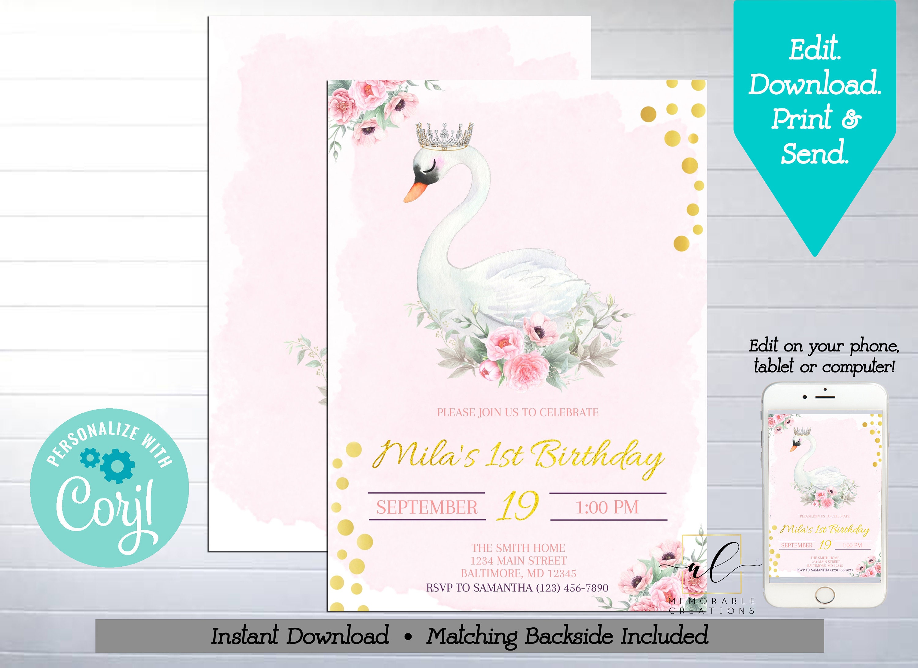Swan Birthday Printable Invitation, Edit Yourself Swan Birthday Invite ...