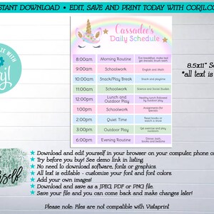 Editable Unicorn Daily Schedule, Edit Yourself Unicorn Daily Planner ...