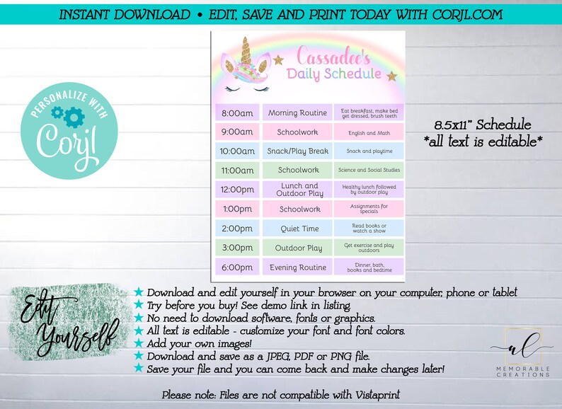 Editable Unicorn Daily Schedule Edit Yourself Unicorn Daily | Etsy