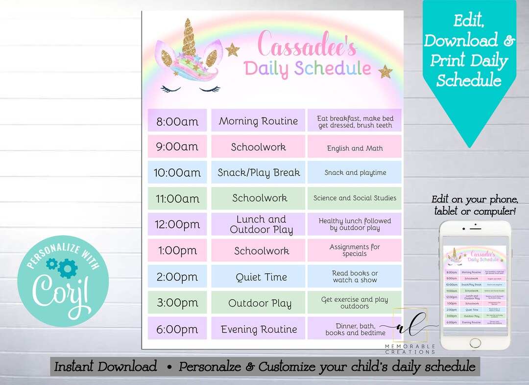 Editable Unicorn Daily Schedule, Edit Yourself Unicorn Daily Planner ...