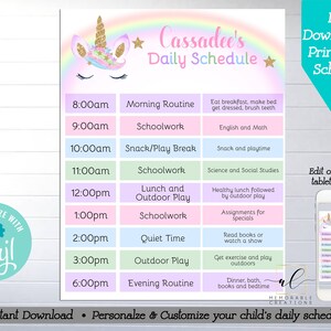 Editable Unicorn Daily Schedule, Edit Yourself Unicorn Daily Planner ...