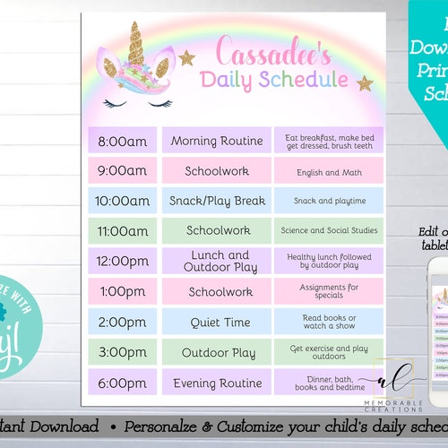 Editable Unicorn Daily Schedule Edit Yourself Unicorn Daily | Etsy